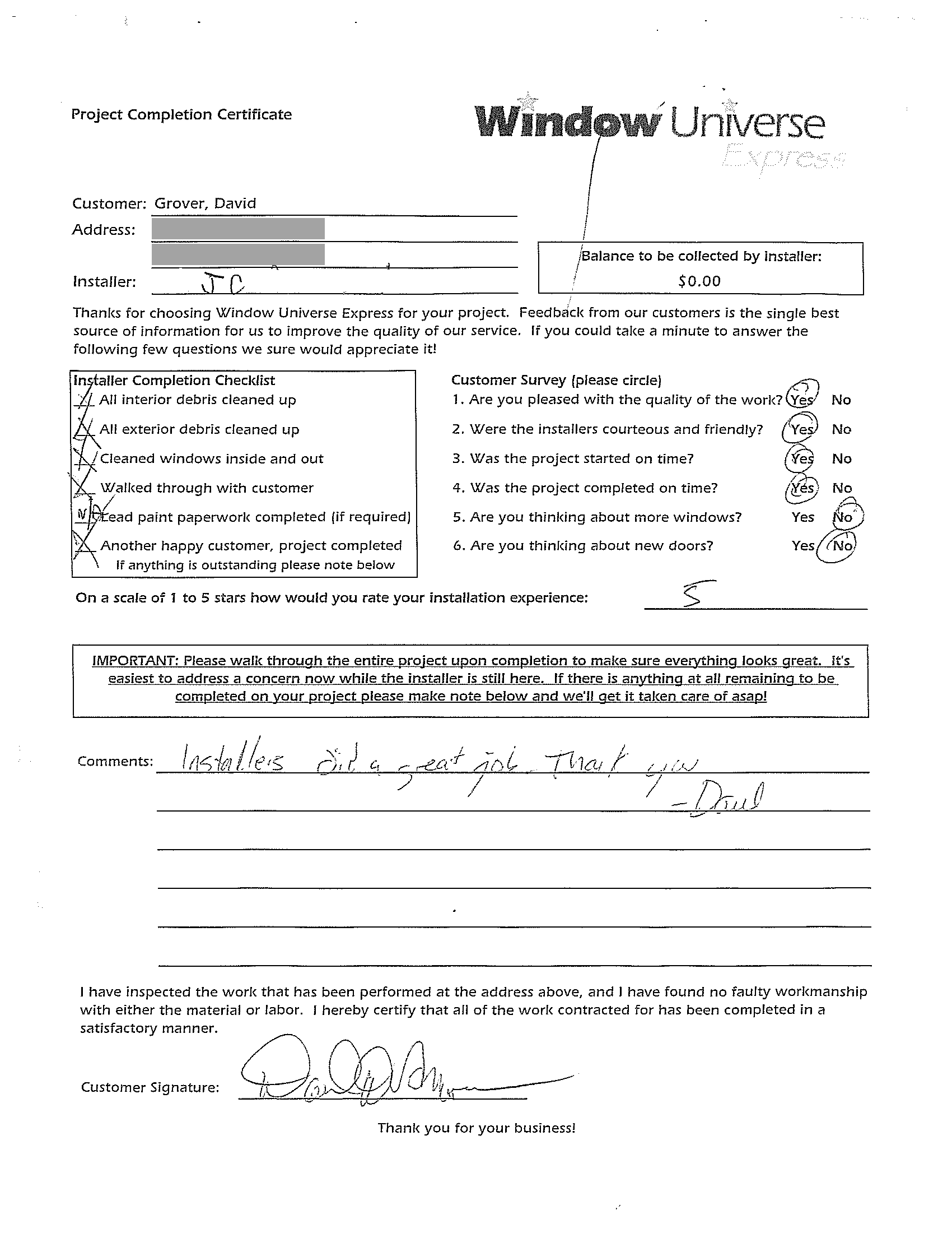 Window Universe References - Itemized Window Prices by Email